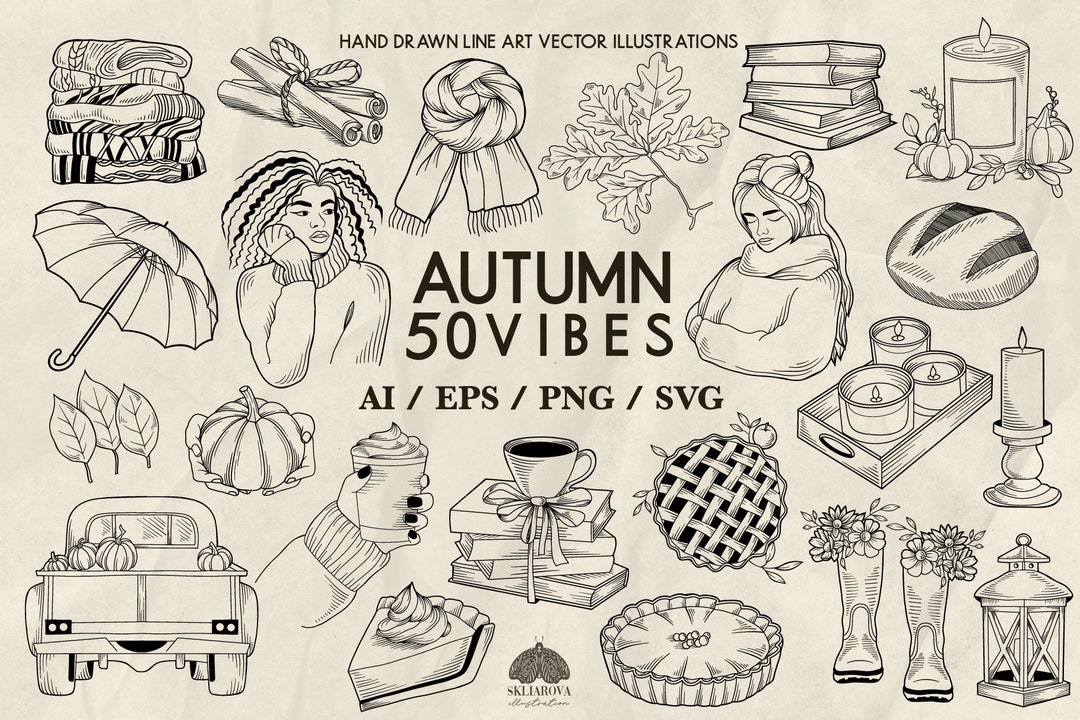 Fall Line Art SVG Bundle: 50 Cozy Autumn Outline Vector Illustrations ...