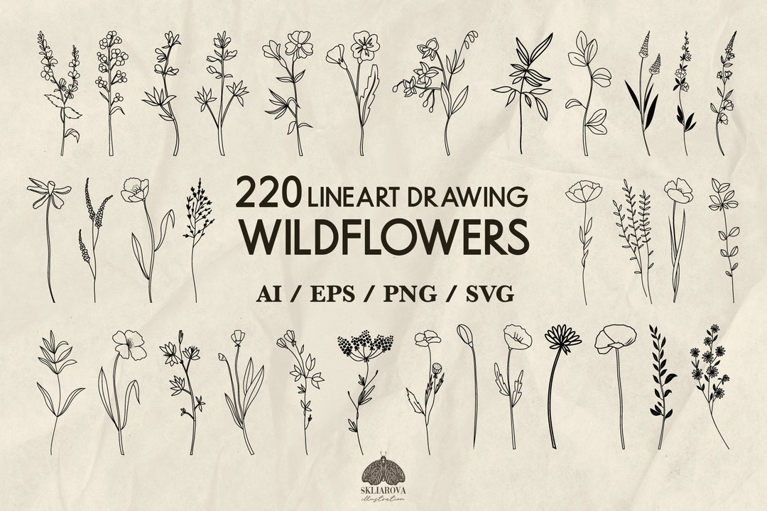 Wildflower SVG Bundle: 220 Botanical Line Tattoo Designs (+ Png, Eps ...