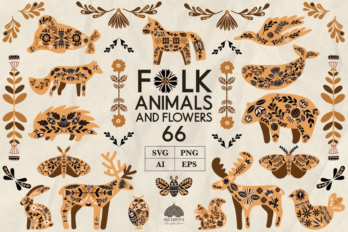 Folk SVG Set: 66 Scandinavian Floral and Animals Illustrations (+ PNG ...