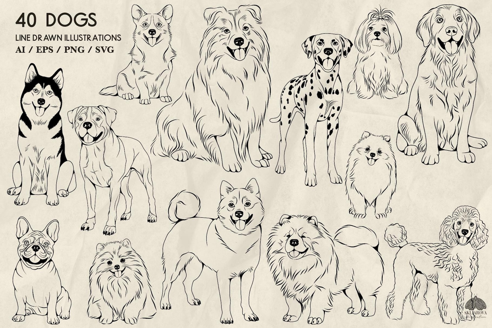 Dogs SVG Bundle: 40 Pet Animal Line Art Illustrations ( + PNG, EPS) - Etsy