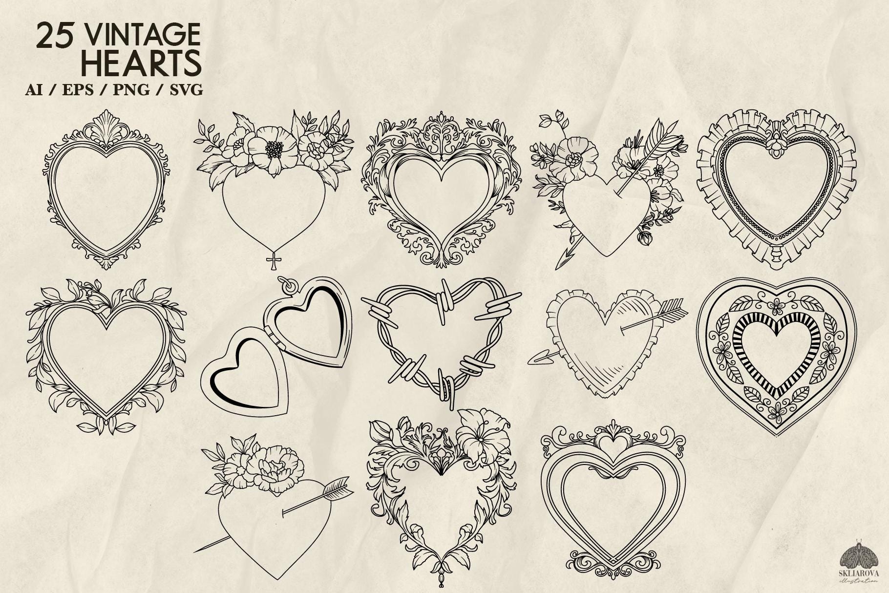 Vintage Hearts Svg Bundle Love Svg Heart Svg Line Drawing Quirky Heart ...