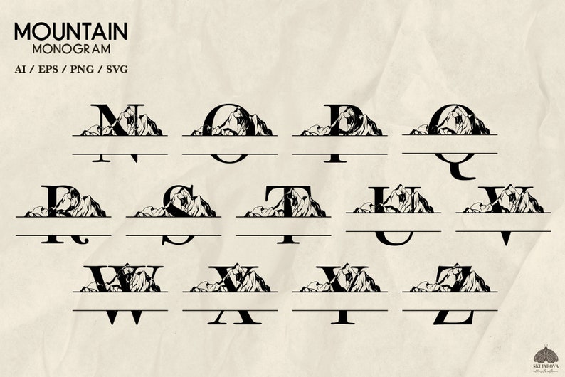 Mountain Split Monogram SVG Bundle: Nature Hand Drawn Alphabet (+ PNG ...