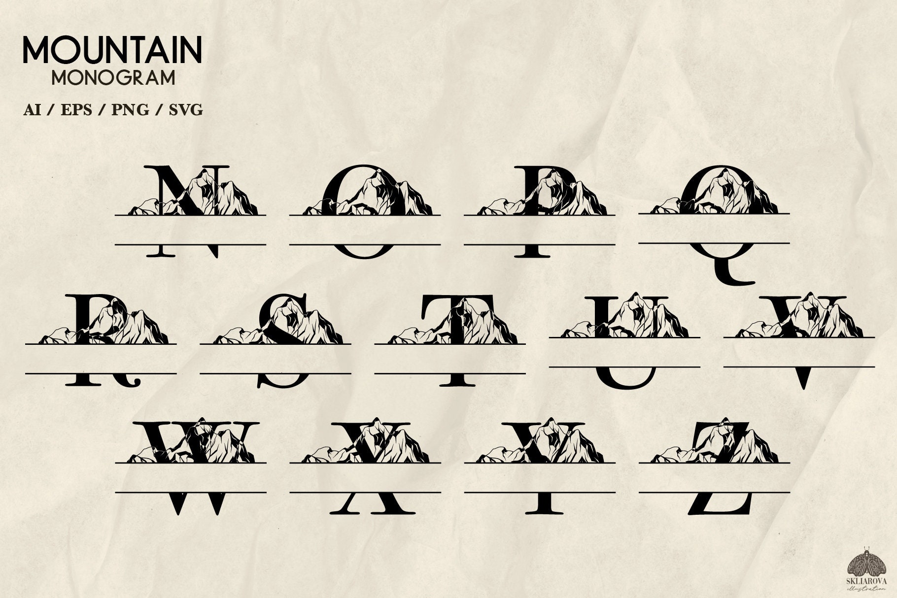 Mountain Split Monogram SVG Bundle: Nature Hand Drawn Alphabet (+ PNG ...