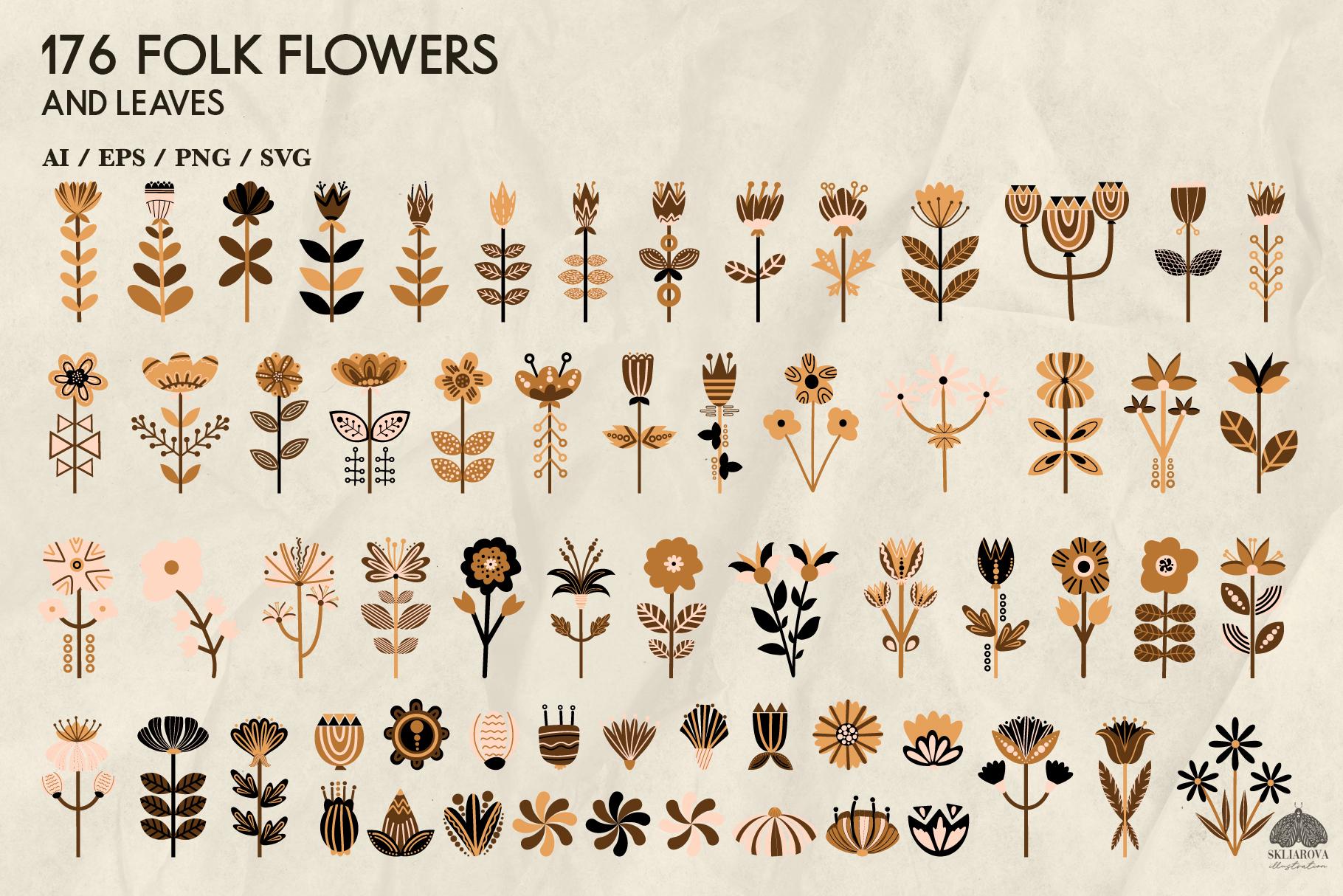 Folk Flowers SVG Set: 176 Scandinavian Botanical Illustrations (+ PNG ...