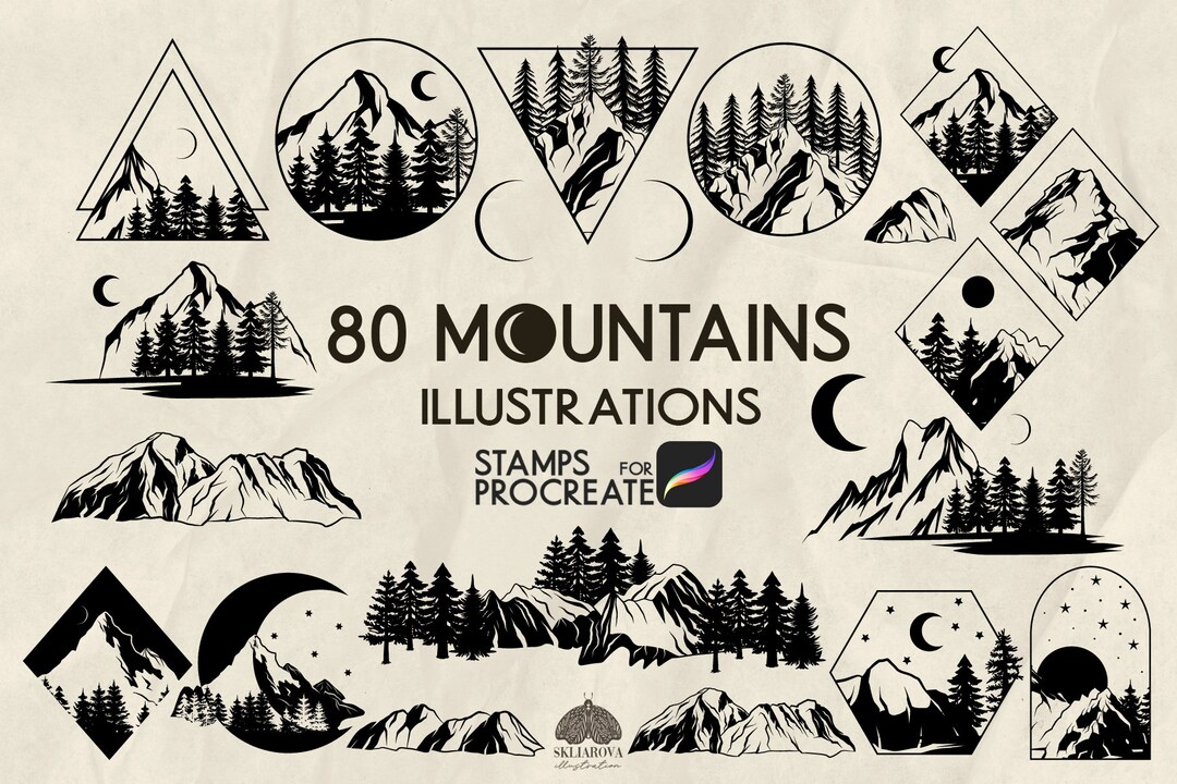 Mountains Procreate Stamps Brushes Set Forest Silhouette Travel ...