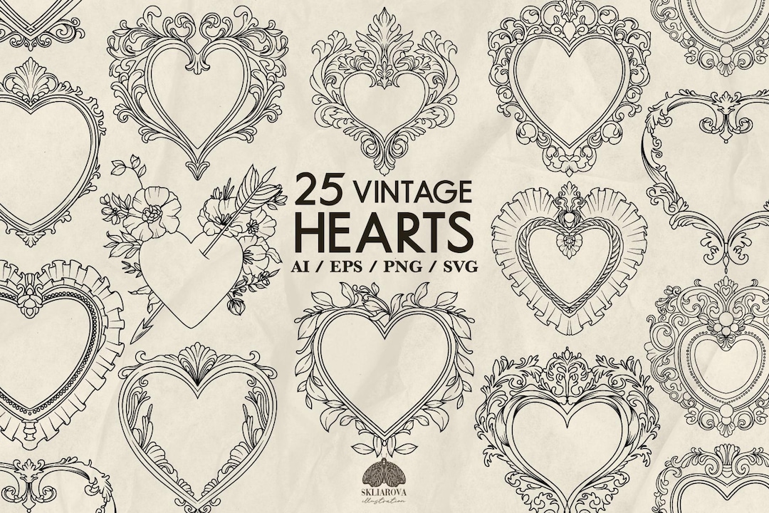 Vintage Hearts Svg Bundle Love Svg Heart Svg Line Drawing Quirky Heart ...