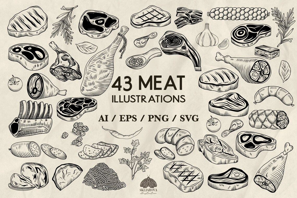 Meat Line Art SVG Bundle: 43 Food Outline Illustrations (+ PNG, EPS) - Etsy