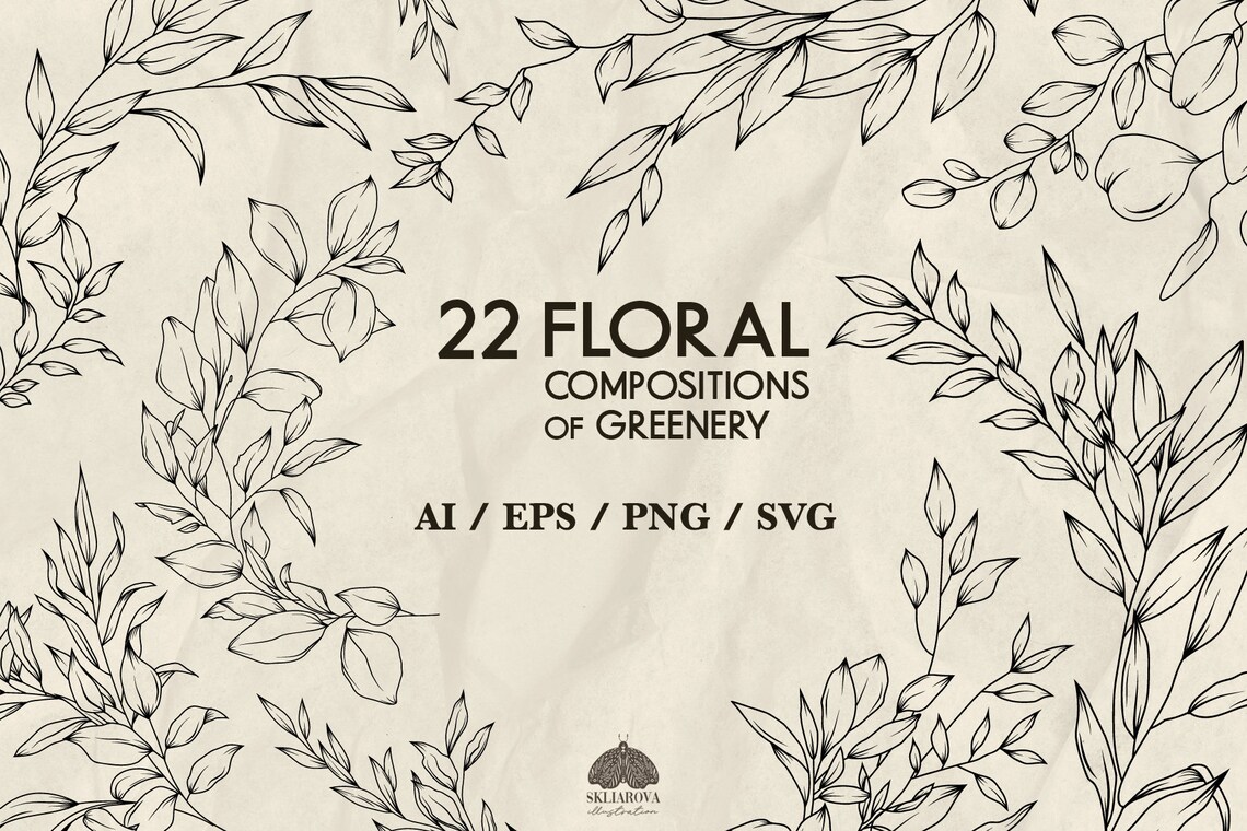 Line Art Branches SVG Bundle Leaves Twigs Hand Drawn Vector Greenery ...