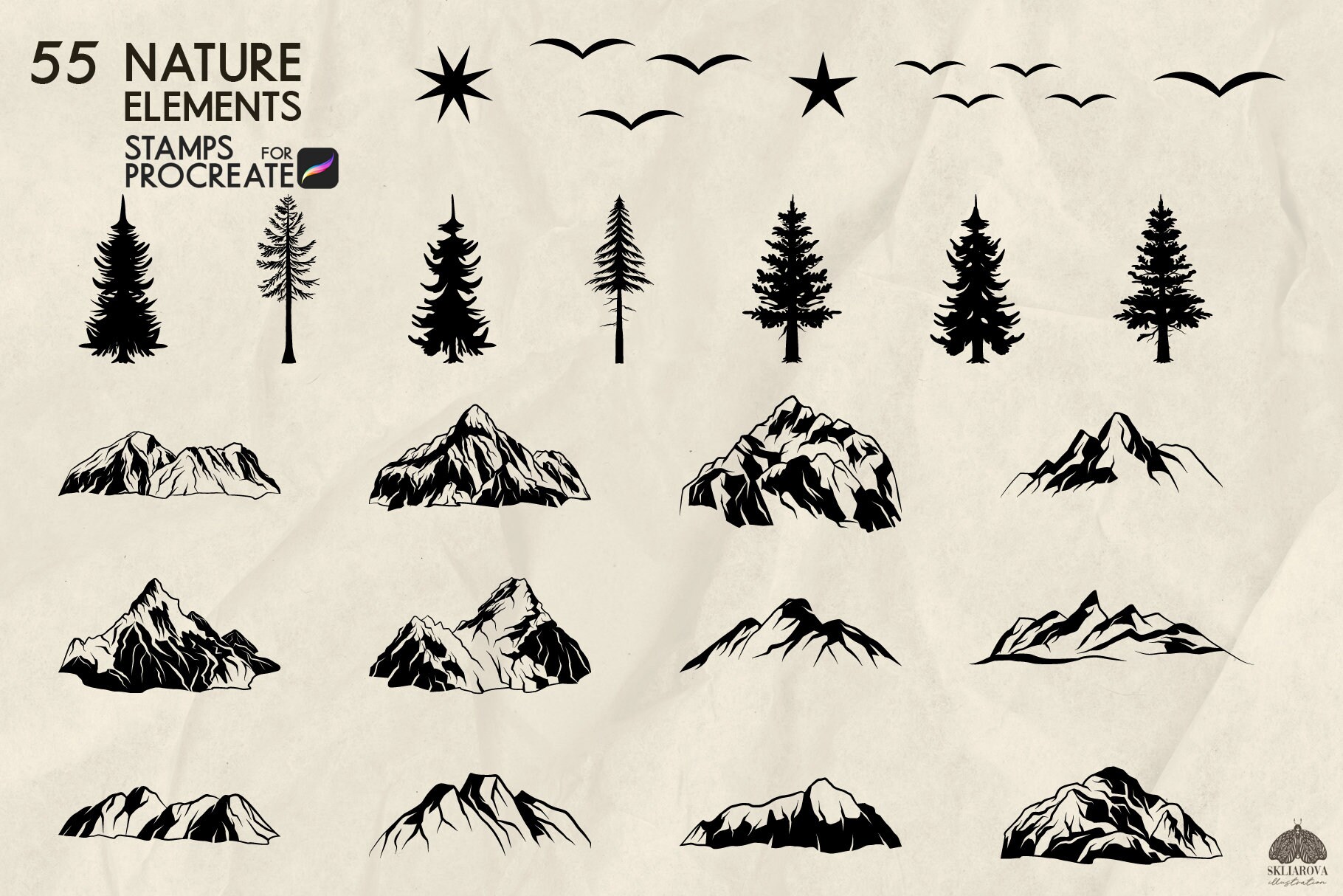 Forest Trees Procreate Stamps Brushes Set Pine Fir Silhouette Mountain ...