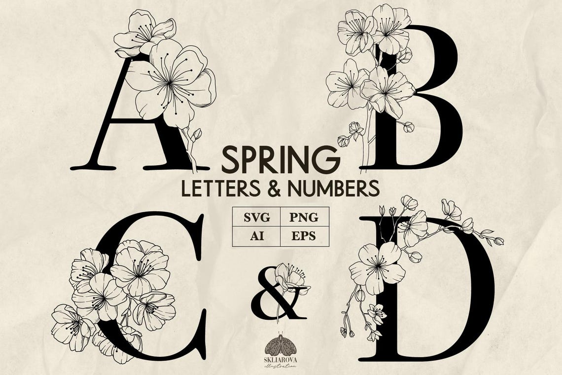 Spring Letters Svg Bundle Floral Alphabet SVG Cherry Blossom Svg ABC ...