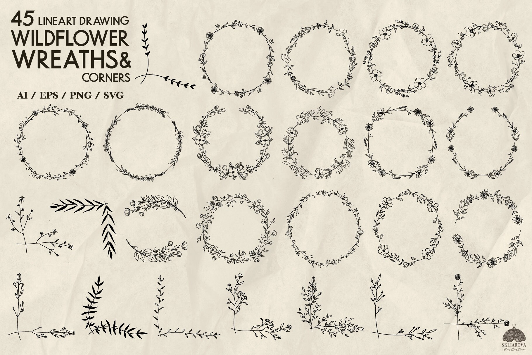 45 Wildflower Wreaths and Corner Borders Svg Bundle Floral Frame Line ...