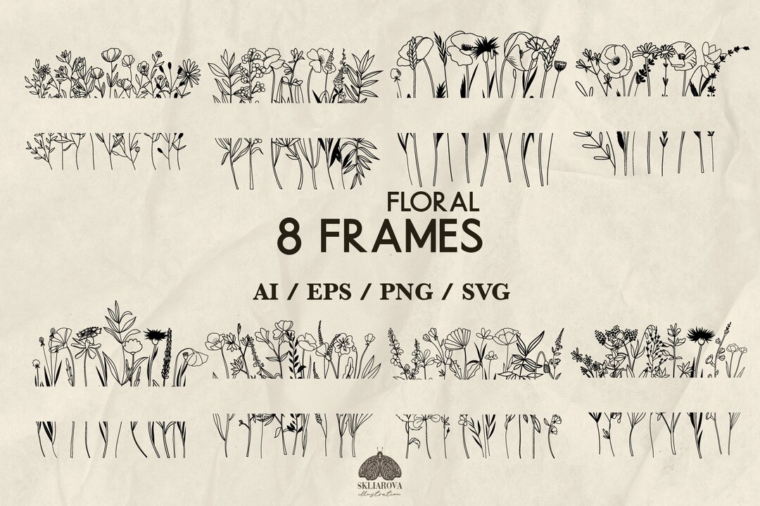 8 Floral Frames Svg Bundle Wildflower Borders Svg Floral Frame Line Art ...