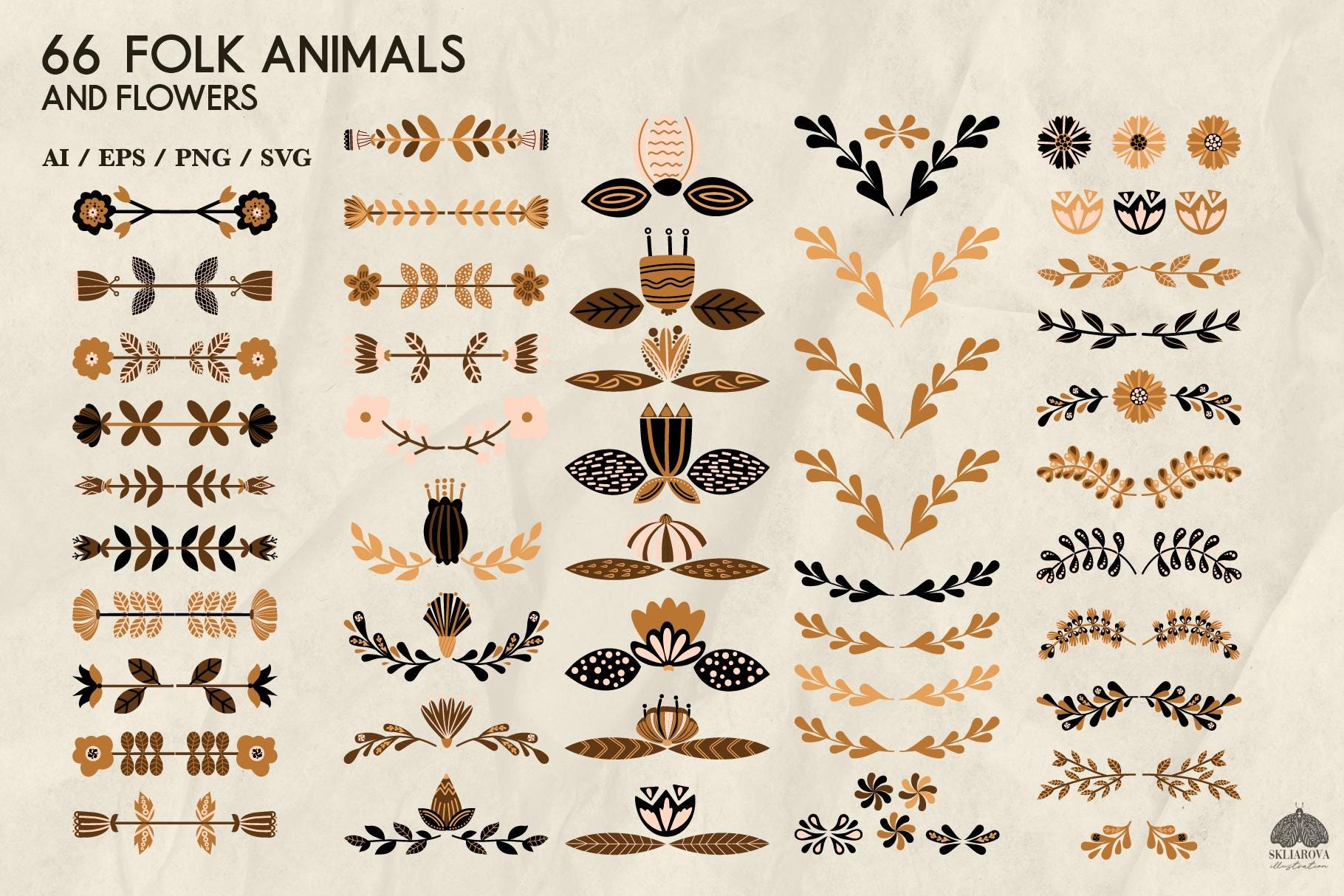 Folk SVG Set: 66 Scandinavian Floral and Animals Illustrations (+ PNG ...
