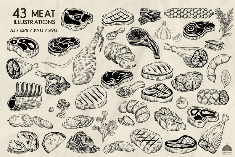 Meat Line Art SVG Bundle: 43 Food Outline Illustrations (+ PNG, EPS) - Etsy