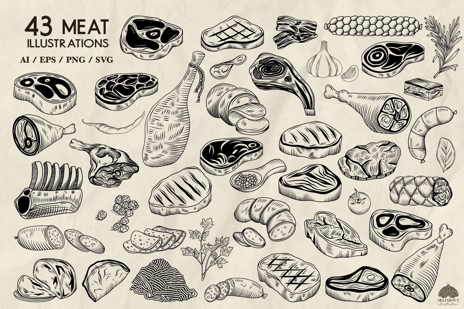 Meat Line Art SVG Bundle: 43 Food Outline Illustrations (+ PNG, EPS) - Etsy