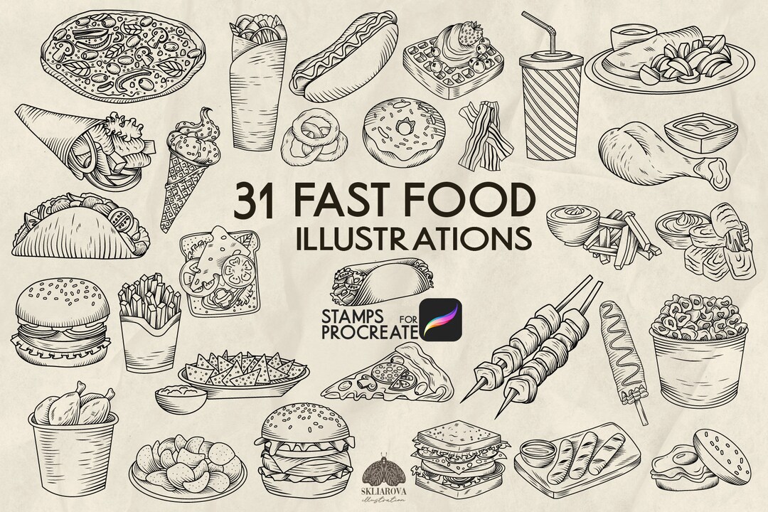 Fast Food Procreate Stamps Food Stamp Brushes Set Burger Hamburger Food ...