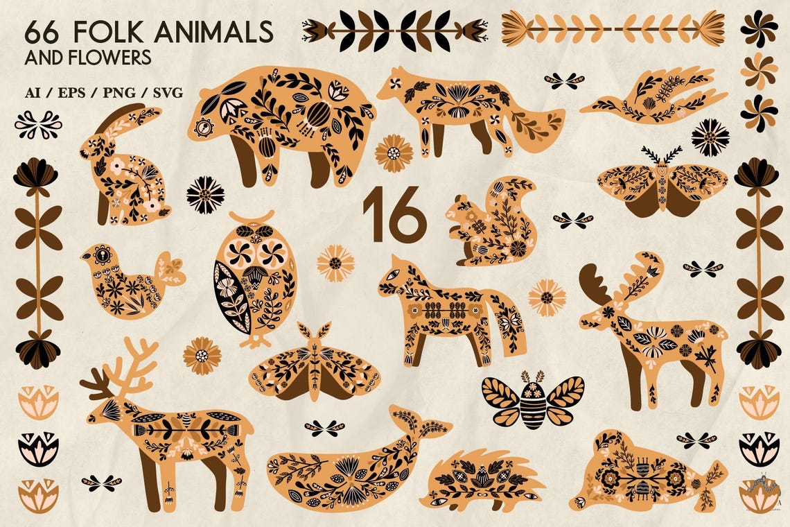 Folk SVG Set: 66 Scandinavian Floral and Animals Illustrations (+ PNG ...