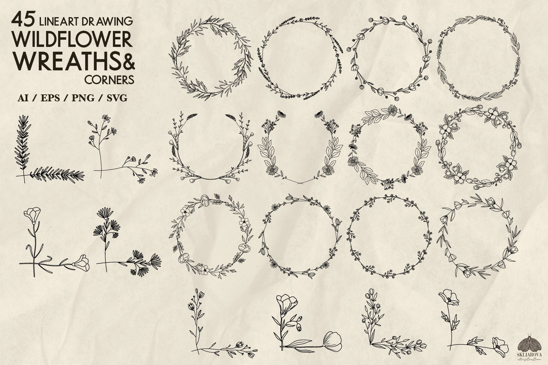 45 Wildflower Wreaths and Corner Borders Svg Bundle Floral Frame Line ...