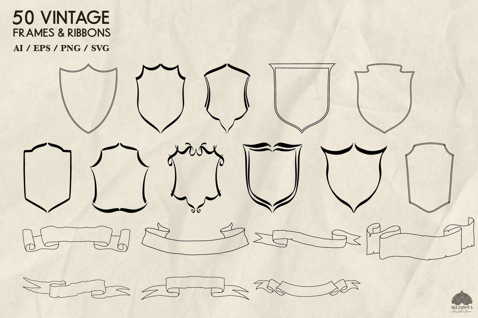 Vintage Crest Frames Svg Bundle Ribbon Svg Quirky Frame Curly Floral ...