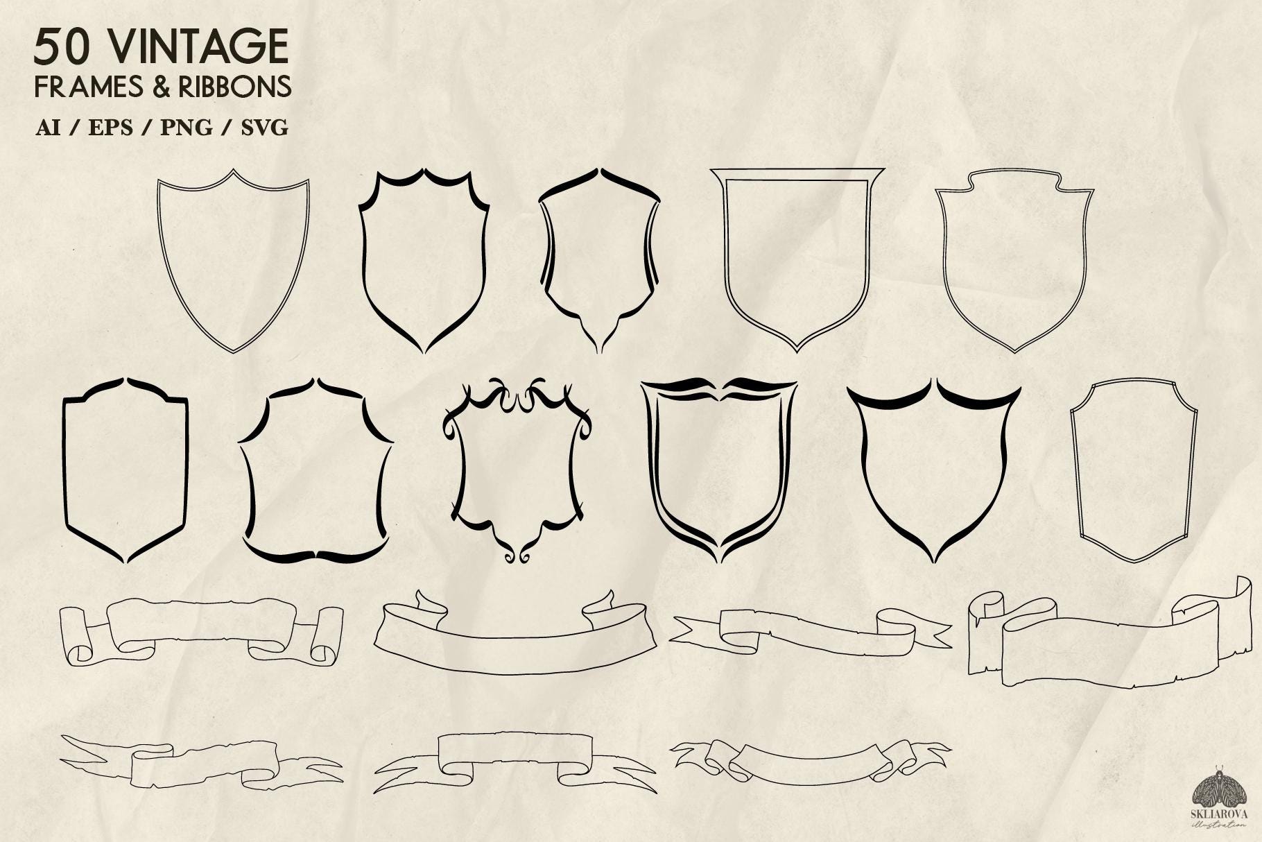 Vintage Crest Frames Svg Bundle Ribbon Svg Quirky Frame Curly Floral ...