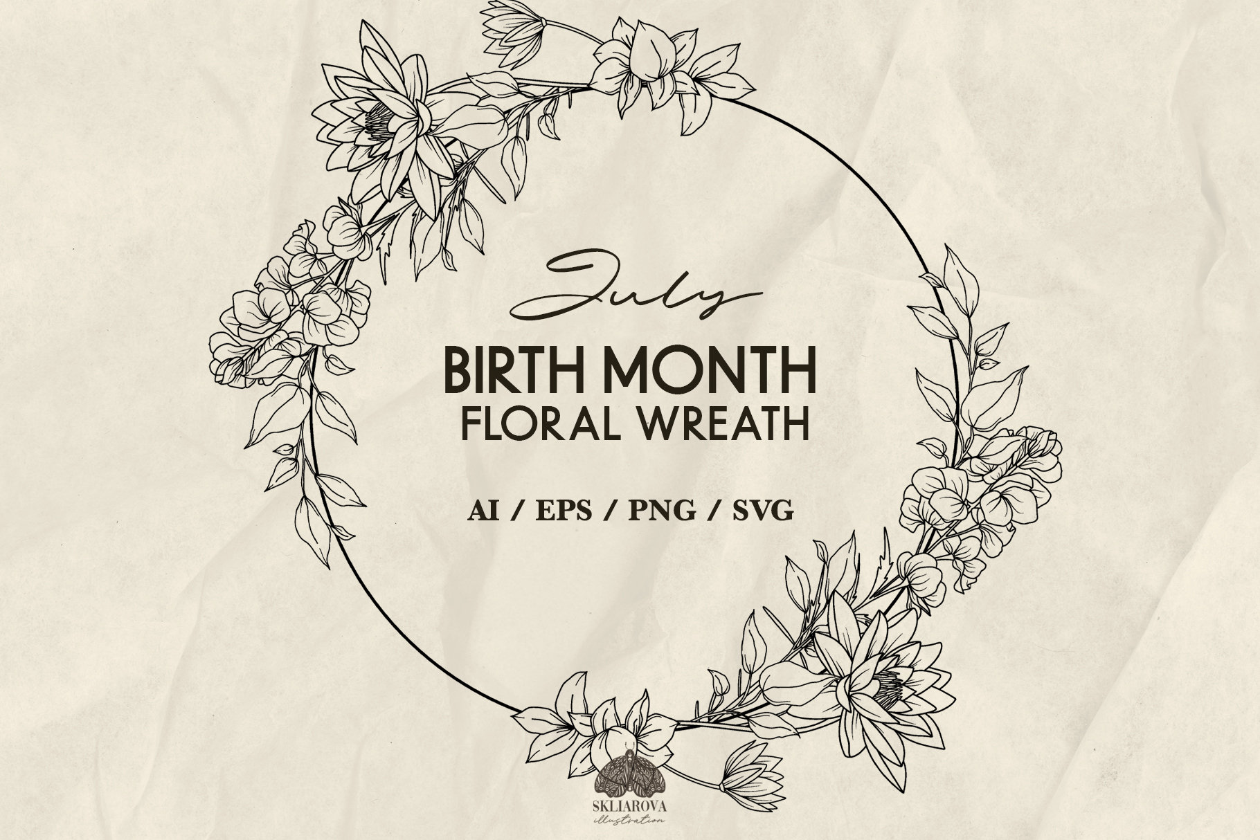 July Birth Flower Wreath SVG: Waterlily & Larkspur Floral Frame (+ Png ...