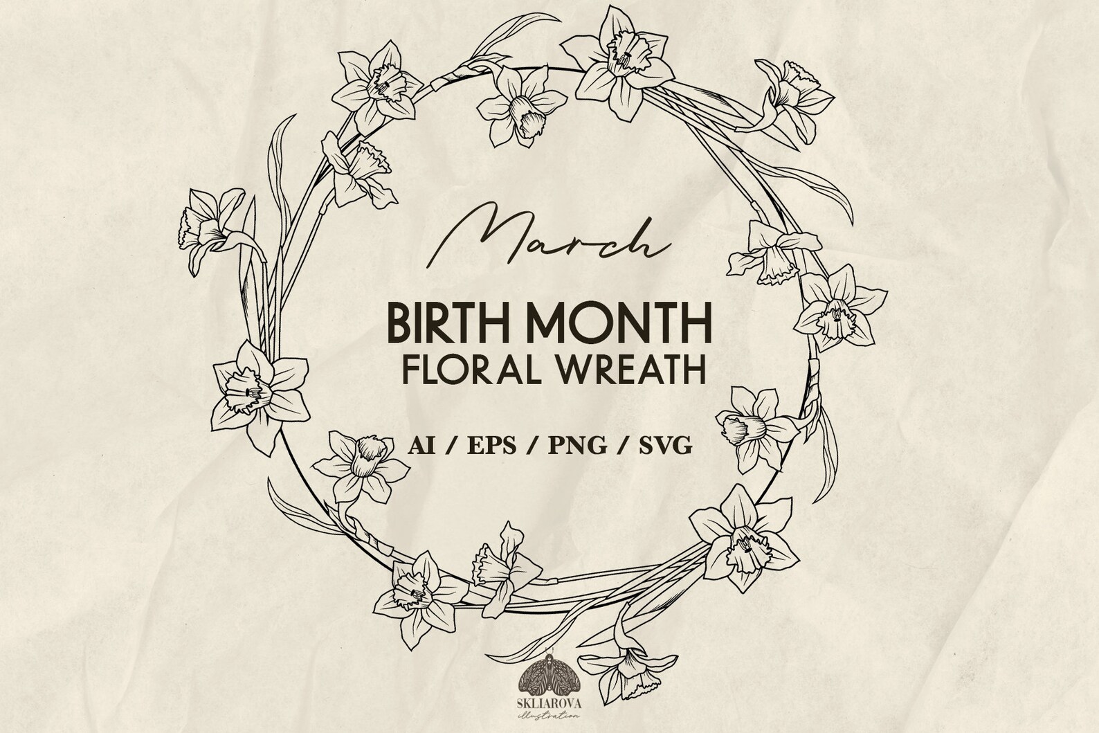 March Birth Flower Wreath SVG: Narcissus Floral Line Art Frame (+ PNG ...