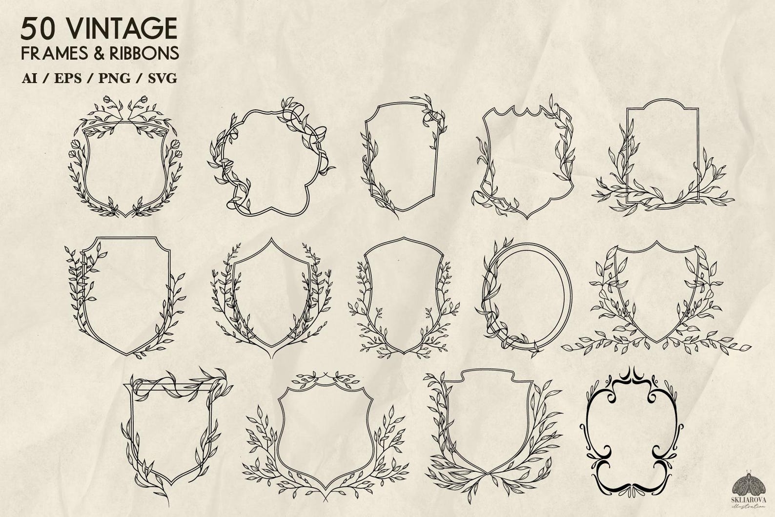 Vintage Crest Frames Svg Bundle Ribbon Svg Quirky Frame Curly Floral ...