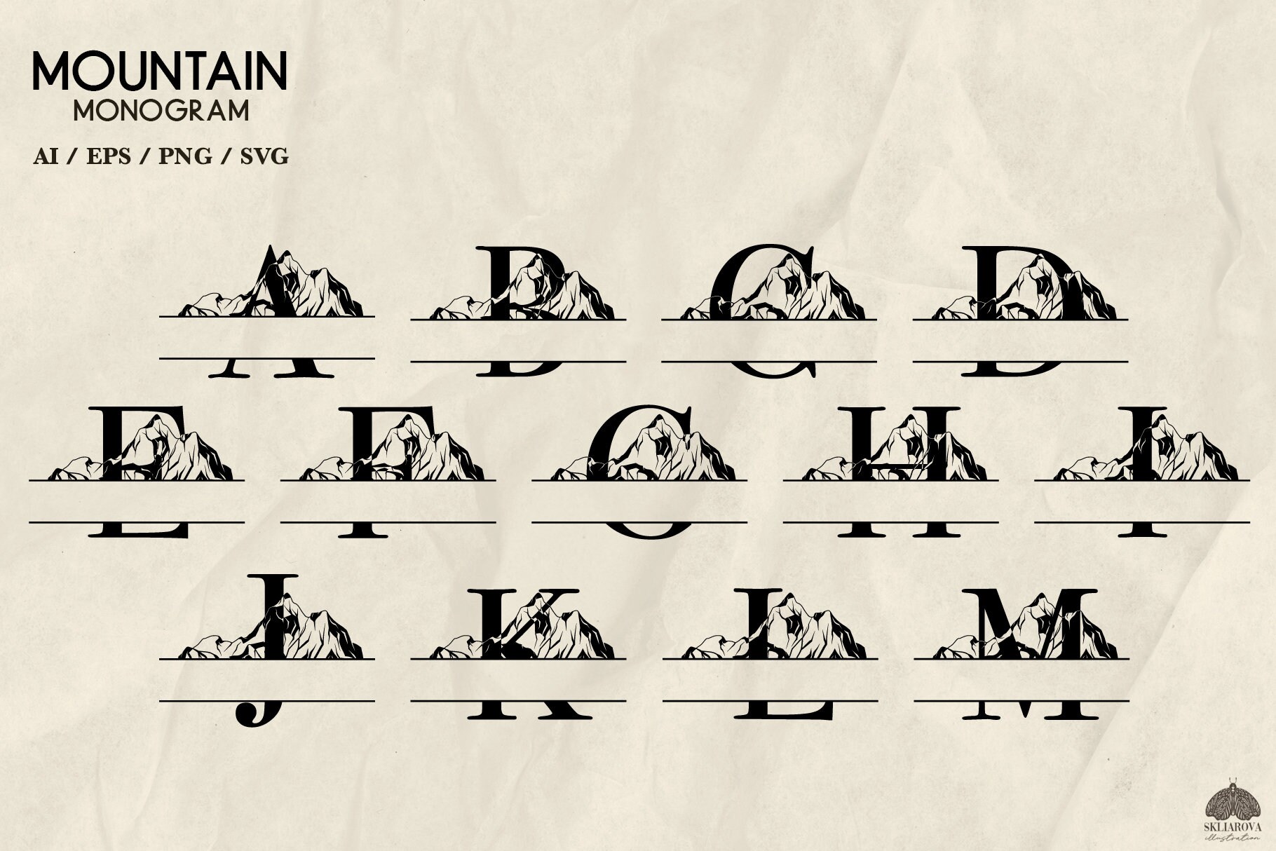 Mountain Split Monogram SVG Bundle: Nature Hand Drawn Alphabet (+ PNG ...