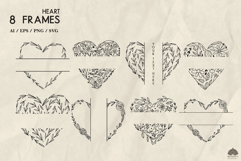 8 Floral Heart Frames Svg Bundle Wildflower Split Heart Border Svg ...