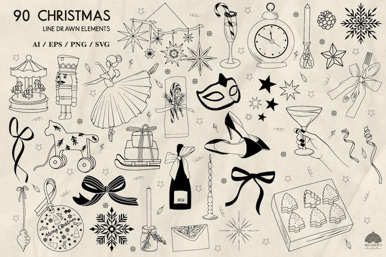 Christmas Line Art SVG Set: 90 Holiday Winter Outline Illustrations ...