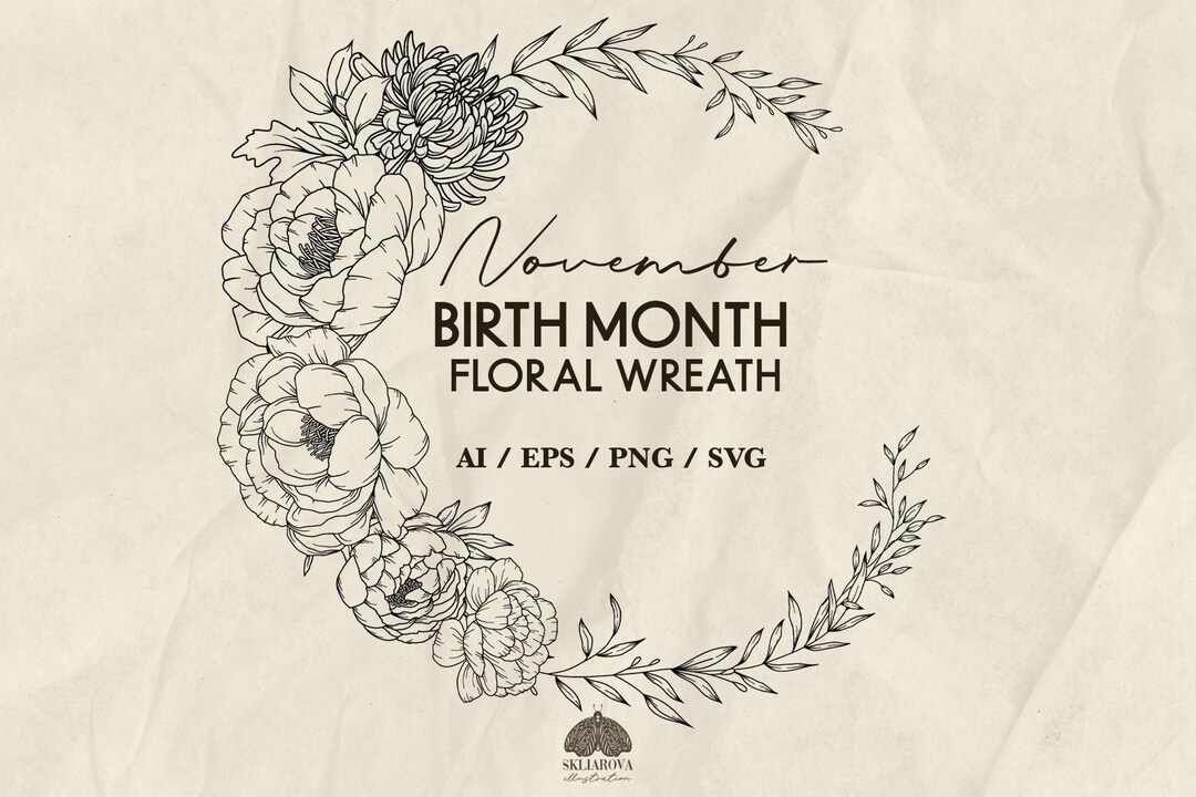 November Birth Flower Wreath: Hand Drawn Peony & Chrysanthemum Line Art ...