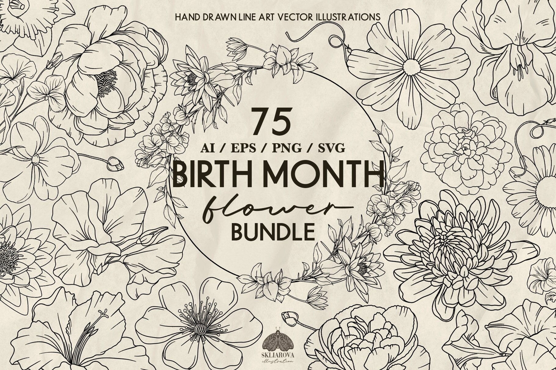 Birth Month Flower Svg Bundle Line Drawing Birth Flower of Month Svg ...