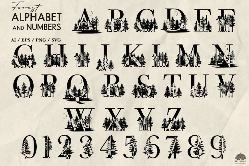 Forest Alphabet SVG Bundle Nature Monogram Hand Drawn Pine Tree Letters ...