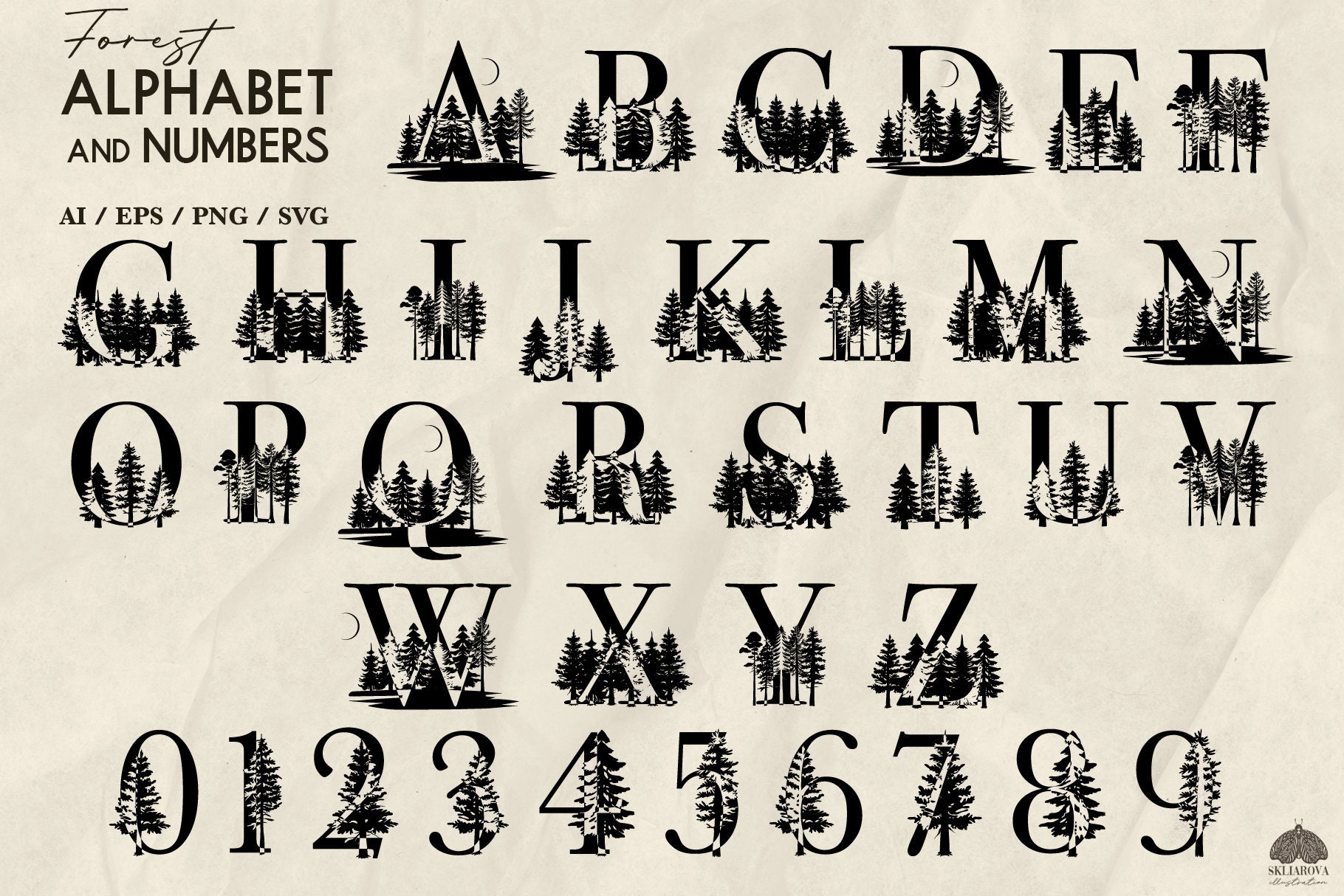 Forest Alphabet SVG Bundle Nature Monogram Hand Drawn Pine Tree Letters ...