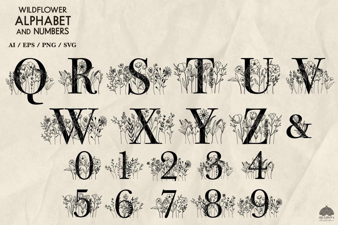 Wildflower Alphabet SVG Bundle: Outline Floral Vector Letters and ...