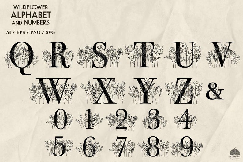 Wildflower Alphabet SVG Bundle: Floral Vector Letters and Numbers ...