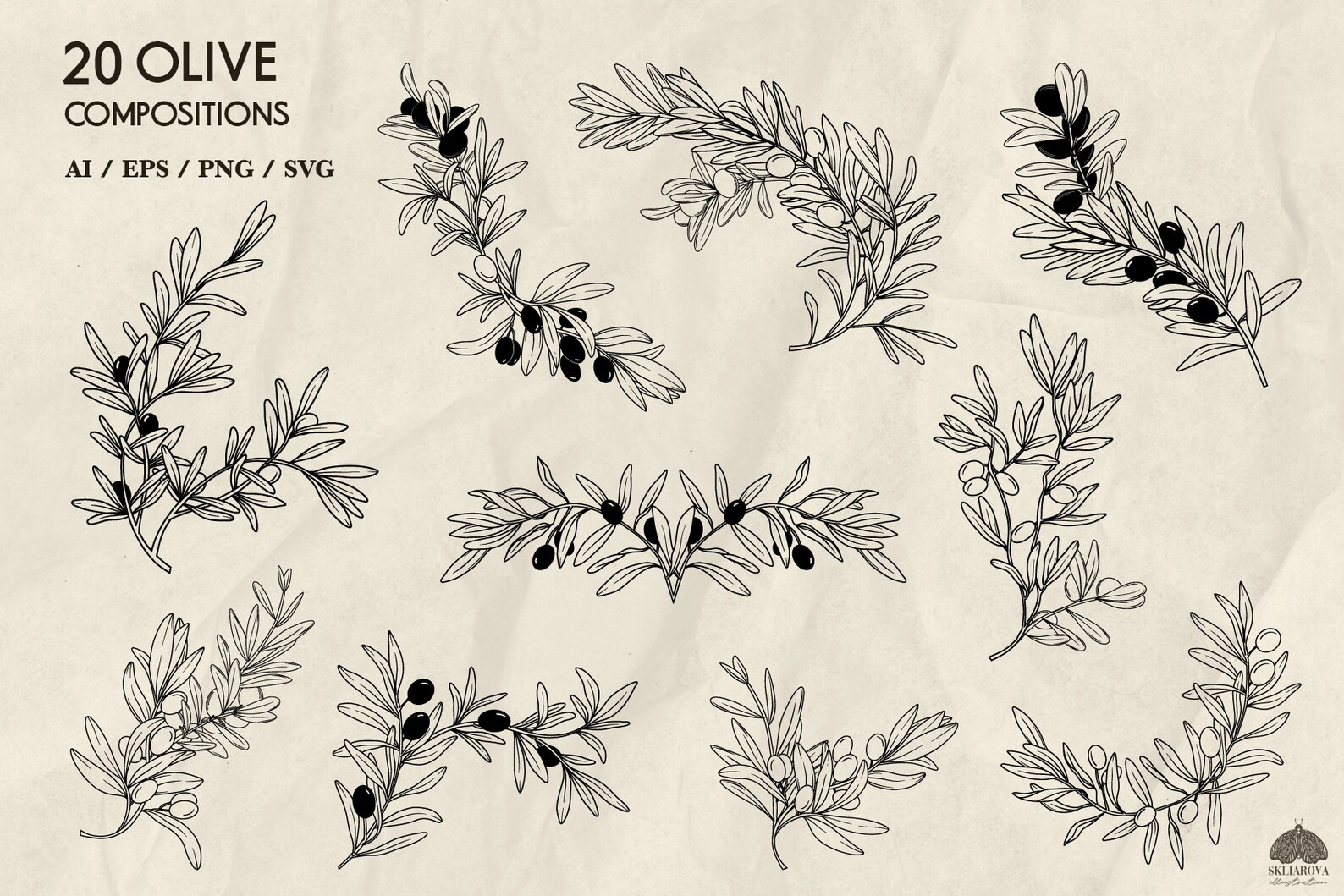 Olive Branches Arrangement Svg Bundle Olive Clipart Line Art Olive ...