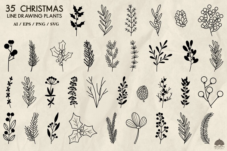 Christmas Plants Svg Bundle Winter Florals Outline Silhouette Svg ...