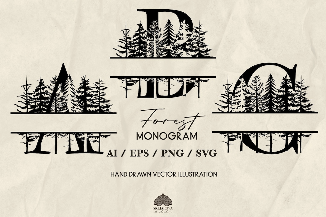Forest Split Monogram SVG Bundle: Pine Tree Wedding Alphabet Letters ...