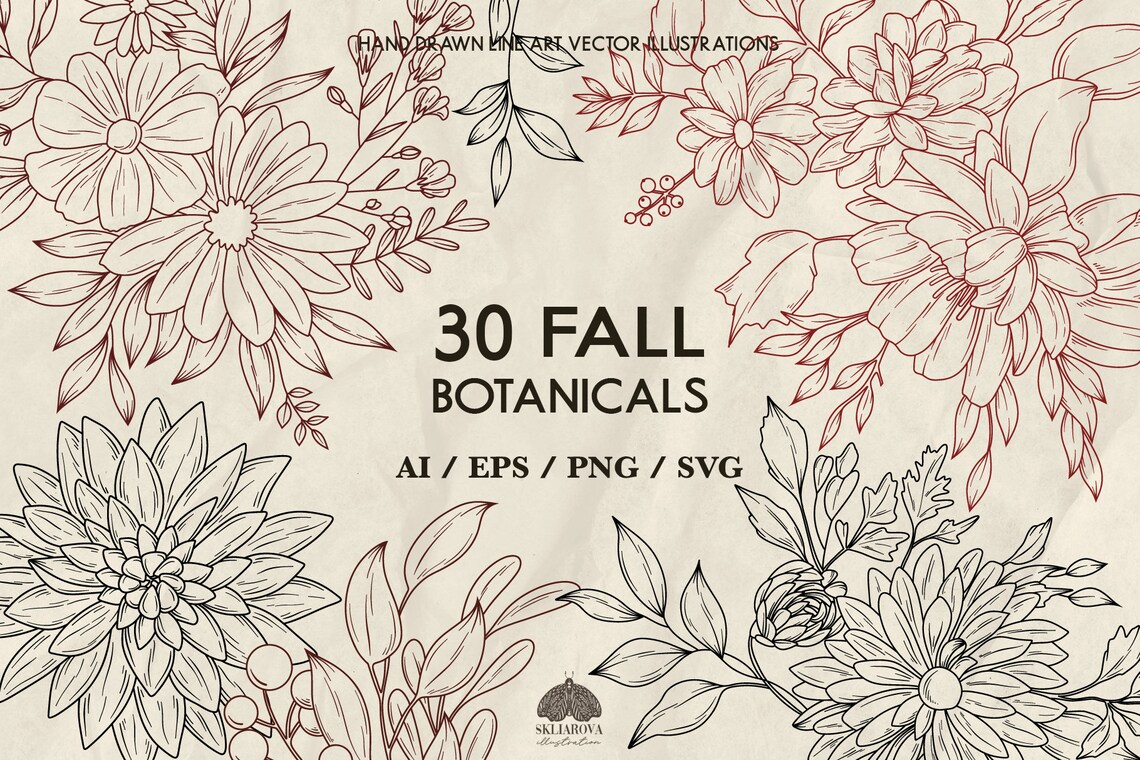 Fall Svg Bundle Autumn Svg Fall Flowers Svg Botanical Line Drawing Svg ...