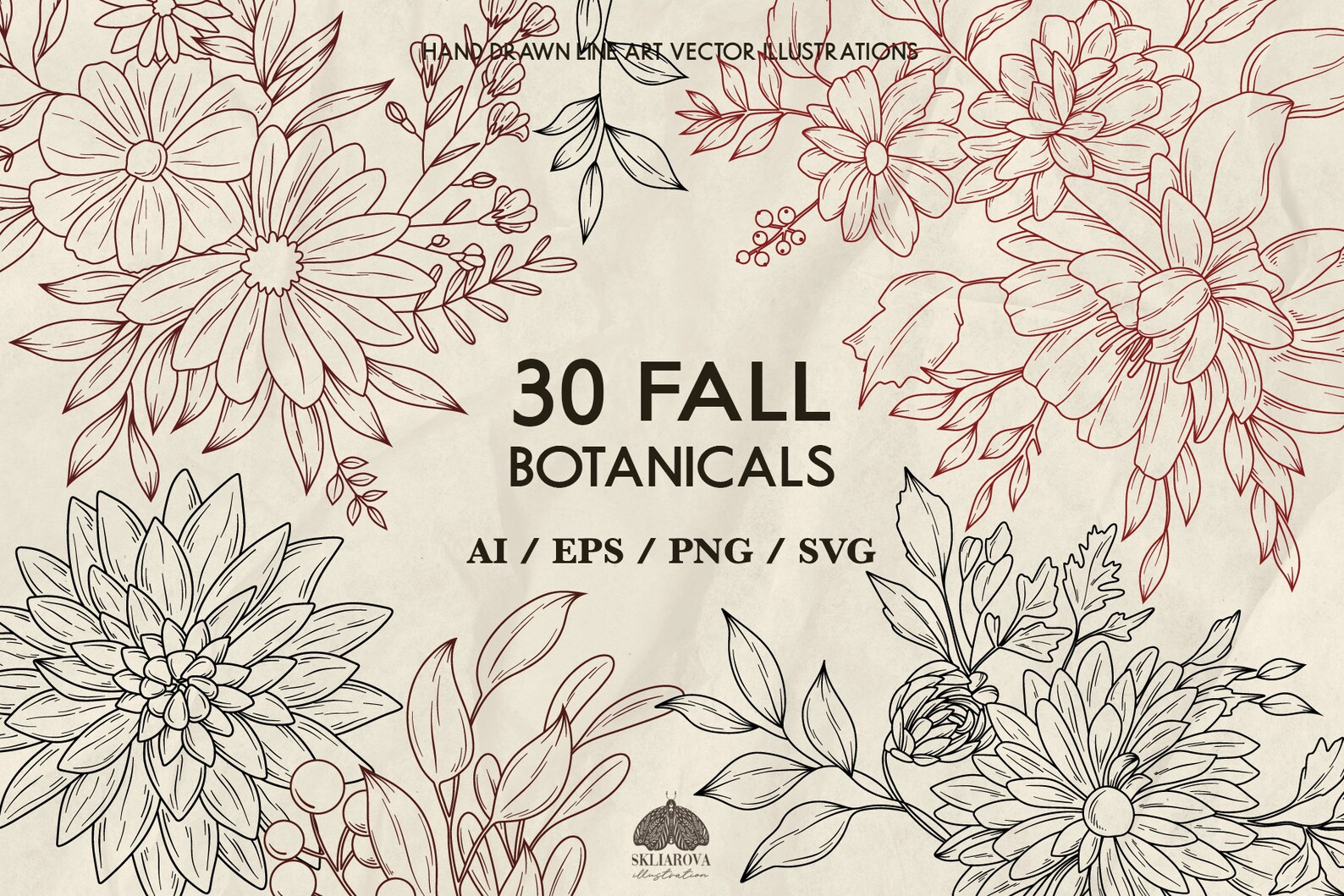 Fall Svg Bundle Autumn Svg Fall Flowers Svg Botanical Line Drawing Svg ...
