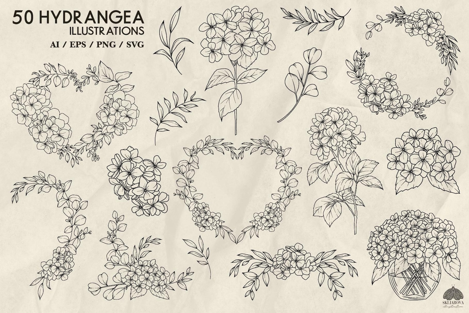 Hydrangea Svg Bundle Line Drawing Hydrangea Flower Wreath Svg Frame ...