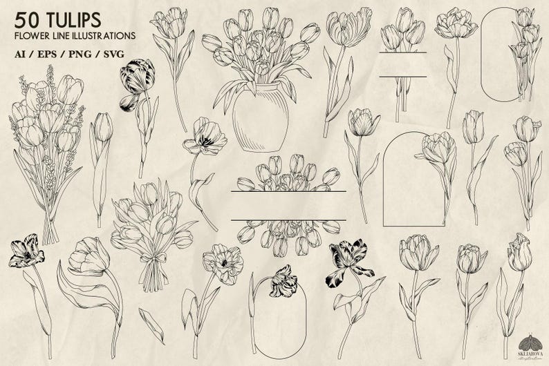 Tulip Svg Bundle Tulips Svg Spring Flowers Svg Tulip Outline Floral ...
