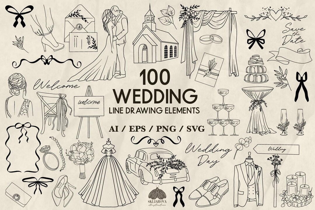 Wedding SVG Bundle: 100 Bridal Line Art Vector Illustrations (+PNG, EPS ...
