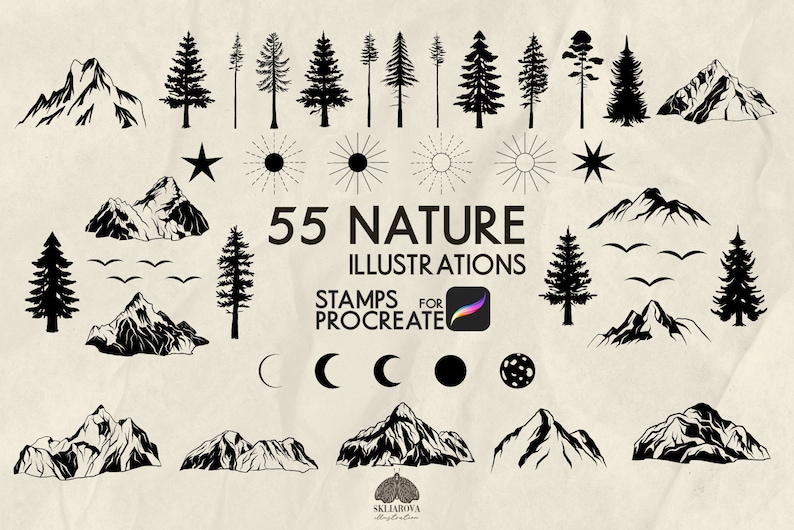 Forest Trees Procreate Stamps Brushes Set Pine Fir Silhouette Mountain ...