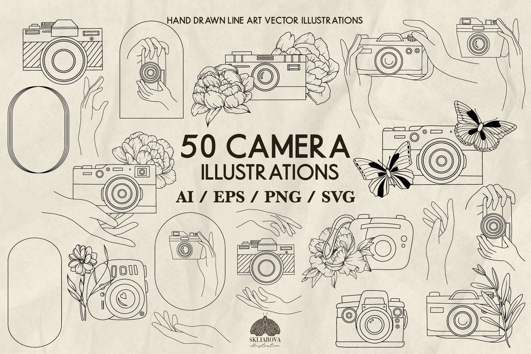 Camera Svg Bundle Line Drawing Art Photography Retro Camera Cut File ...