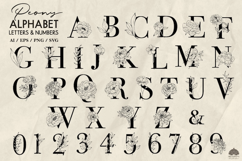 Floral Alphabet SVG: Peony Botanical Letters and Numbers (+PNG, EPS) - Etsy