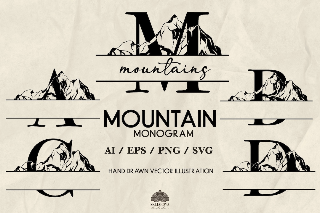 Mountain Split Monogram SVG Bundle: Nature Hand Drawn Alphabet (+ PNG ...