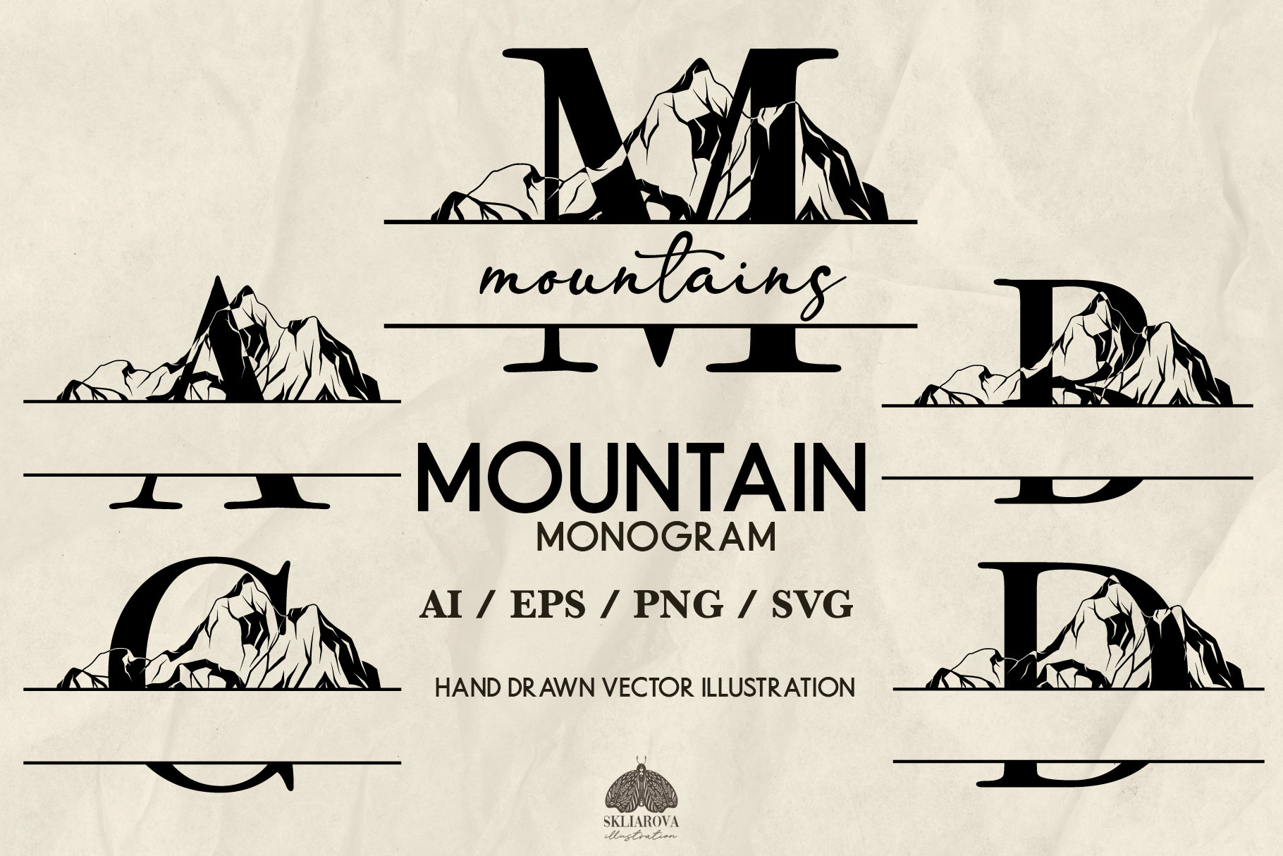 Mountain Split Monogram SVG Bundle: Nature Hand Drawn Alphabet (+ PNG ...
