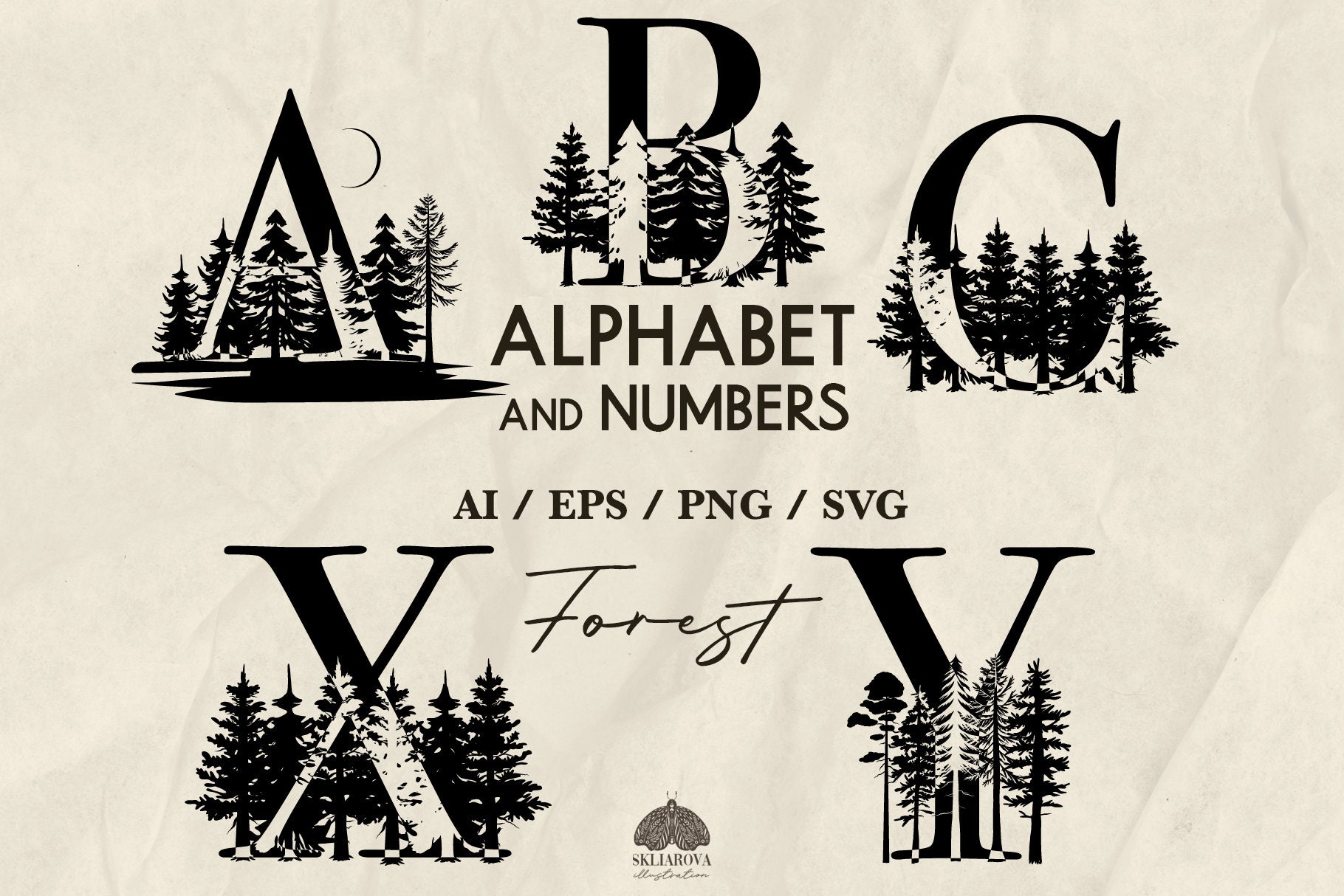 Forest Alphabet SVG Bundle Nature Monogram Hand Drawn Pine Tree Letters ...